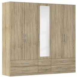 Kleiderschrank Rauch "Schrank Garderobe W&auml;scheschrank HERSBRUCK in 2 Breiten", braun (eiche sonoma), B:226cm H:210cm T:54cm, Holzwerkstoff, Schr&auml;nke, Kleiderschrank, mit 6 gro&szlig;z&uuml;gigen Schubladen sowie Spiegelt&uuml;ren MADE IN GERMANY