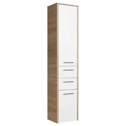 Hochschrank SAPHIR "Quickset 382 Badschrank 40 cm breit, 2 T&uuml;ren, 2 Schubladen", braun (eiche natur), B:40cm H:187cm T:33cm, Holzwerkstoff, Schr&auml;nke, Hochschrank, Badezimmer-Hochschrank, Wei&szlig; Hochglanz, Griffe in Chrom gl&auml;nzend