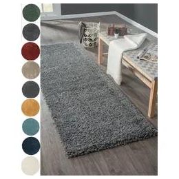 Hochflor-L&auml;ufer "My Shaggy", grau (dunkelgrau), B:80cm H:37mm L:300cm, Polypropylen (PP), MyFlair M&Ouml;BEL & ACCESSOIRES, Teppiche, Shaggy, Uni Farben, leicht gl&auml;nzend, Microfaser, extra flauschig