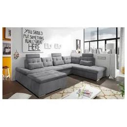 Wohnlandschaft ED EXCITING DESIGN "Nalo U-Form mit Bettfunktion, Bettkasten", grau (dunkelgrau), B:324cm H:103cm T:219cm, 95% Polyester, 5% Nylon, Sofas, Wohnlandschaft, Armteilverstellung, Kopfst&uuml;tzen & 3 Nierenkissen, Topseller
