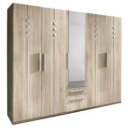 Kleiderschrank Priess, braun (struktureichefarben hell), B:231cm H:193cm T:54cm, Holzwerkstoff, Schr&auml;nke, Kleiderschrank, 1-bis 5-t&uuml;rig, mit silberfarbigen Applikationen