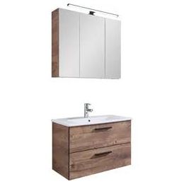 Badm&ouml;bel-Set SAPHIR "Quickset 374 Keramik-Waschtisch mit LED-Spiegelschrank, 75 cm breit", braun (eiche ribbeck quer nachbildung), B:75cm H:200cm T:45cm, Holzwerkstoff, Kastenm&ouml;bel-Sets, Badm&ouml;bel-Set, Waschplatz, 2 Schubladen, 3 T&uuml;ren, Eiche Ribbeck quer Nachbildung