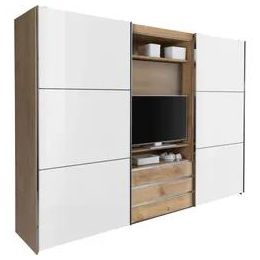 Schwebet&uuml;renschrank wimex "Magic by fresh to go", braun (plankeneichefarben, au&szlig;ent&uuml;ren wei&szlig;glas), B:300cm H:216cm T:65cm, Schr&auml;nke, Schwebet&uuml;renschrank, tolles EXTRA: mit drehbarem TV-Element, Fronten aus Glas