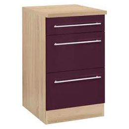 Unterschrank KOCHSTATION "KS-Samos", lila (aubergine hochglanz, eiche sonoma), B:50cm H:85cm T:60cm, Schr&auml;nke, Unterschrank, 50 cm breit, mit 2 gro&szlig;en Ausz&uuml;gen