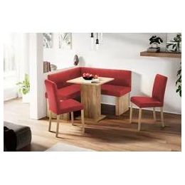 Eckbankgruppe MASSIVLINE & MORE "Anna 2", braun (holzwerkstoff mit farbe golden oakg, lotos 5269 rot, rot, golden oak), Kunstleder, Eckbank Anna 130cm x 130cm,S&auml;ulentisch Anna 68cm x 68cm,2 x St&uuml;hle Anna,Golden Oak dekor,Lotos 5269 rot, Holzwerkstoff, Kunstleder, Sitzm&ouml;bel-Sets, Eckbankgruppe, mit 2 St&uuml;hlen mit massiven Gestell