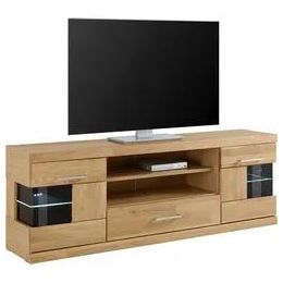 Lowboard OTTO HOME "Ribe,160cm breit,55cm hoch,Oberplatte massiv", beige (eiche teilmassiv), B:160cm H:55cm T:35cm, Holz teilmassiv, Sideboards, Lowboard, Korpus Holzwerkstoff,Glaseinsatz aus geh&auml;rtetem Glas,B&ouml;den versetzbar