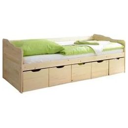 Funktionsbett Ticaa "Maria", beige (kiefer massiv natur), B:96cm H:69cm L:204cm, Daybetten, mit 5 Schubk&auml;sten, wahlweise mit Matratze