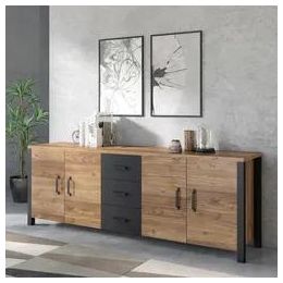 Sideboard Home Affaire "Olin", braun (appenzeller fichte, appenzeller fichte, schwarz matt), B:220cm H:79cm T:48cm, Dekorfolie, FSC-zertifizierter Holzwerkstoff, Sideboards, Sideboard, Breite 220cm