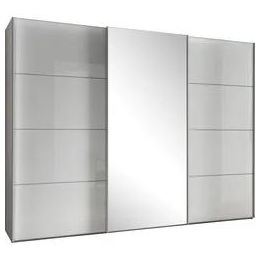 Schwebet&uuml;renschrank Wiemann "Kos", grau (kieselgrau, dekor, glas wei&szlig;, kristallspiegel), B:278,9cm H:236cm T:67cm, Glas, Holzwerkstoff, Schr&auml;nke, Schwebet&uuml;renschrank, mit Spiegelt&uuml;r und Schattenfuge, Topseller