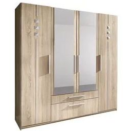 Kleiderschrank Priess, braun (struktureichefarben hell), B:185cm H:193cm T:54cm, Holzwerkstoff, Schr&auml;nke, Kleiderschrank, 1-bis 5-t&uuml;rig, mit silberfarbigen Applikationen