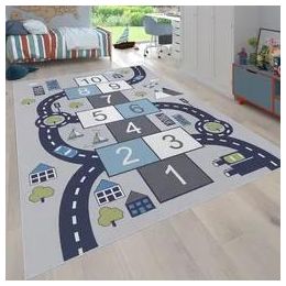 Kinderteppich Paco Home "Bino 565", grau, B:160cm H:4mm L:220cm, Polyester, Teppiche, Kinderteppich, Kurzflor, Stra&szlig;en-Spiel-Teppich & Spielmotiv H&uuml;pfk&auml;stchen