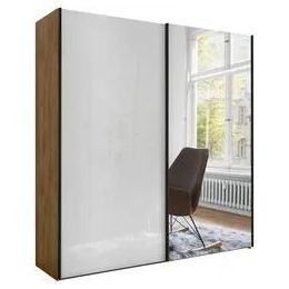Schwebet&uuml;renschrank Wiemann "Monaco", wei&szlig; (bianco, eiche, nachbildung, glas wei&szlig;, kristallspiegel), B:148,9cm H:236cm T:67cm, Floatglas, Holzwerkstoff, Schr&auml;nke, Schwebet&uuml;renschrank, mit Glasfront sowie hochwertigen Beschl&auml;gen