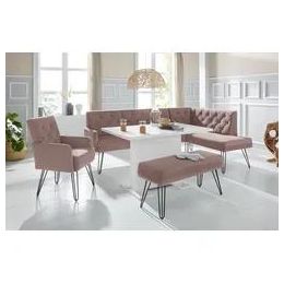 Eckbank exxpo - SOFA FASHION "Doppio, Chesterfield Optik, komfortabel und bequem, hohe Designf&uuml;&szlig;e", pink (powder pink), B:158cm H:90cm T:236cm, 100% Polyester, Sitzb&auml;nke, Eckbank, Frei im Raum stellbar