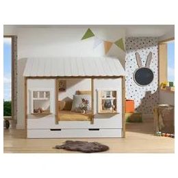 Kinderbett Vipack "Hausbett, aus MDF und Massivholz wei&szlig; lackiert mit farblichen Absatz", braun (wei&szlig;, kiefer oak), B:105,3cm H:174cm L:214cm, Betten, Kinderbett, inkl. Rolllattenrost, wahlweise mit oder ohne Bettschublade auf Rollen