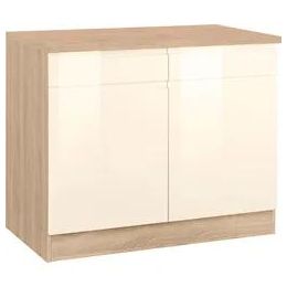 Unterschrank KOCHSTATION "KS-Virginia", beige (creme hochglanz), B:100cm H:85cm T:60cm, Holzwerkstoff, MDF, Schr&auml;nke, K&uuml;chenunterschrank Unterschrank, 100 cm breit, mit 2 T&uuml;ren und 2 Schubk&auml;sten
