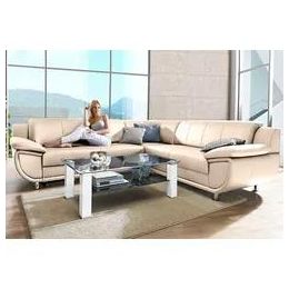 Ecksofa Trendmanufaktur "Rondo wahlweise mit Schlaffunktion, bequeme Armlehnen", beige (creme), B:267cm H:85cm T:247cm, Microfaser PRIMABELLE (100% Polyester);Kunstleder SOFTLUX;Struktur (54% Polyacryl, 46% Polyester);NaturLEDER (echtes Rindsleder) in Sitz und R&uuml;cken, Korpus Kunstleder SOFTLUX, Sofas, Ecksofa, L-Form, wahlw.mit Federkern, F&uuml;&szlig;e chromfarben, Unser Dauertiefpreis