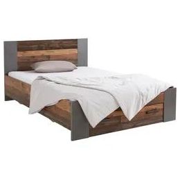 Bett FORTE "Clif, Jugendbett, Belastbarkeit 120 KG, Schubkasten optional", grau (betonoptik dunkelgrau, old vintage wood), B:145cm L:205cm, Betten, Bettgestell, Industrial Design