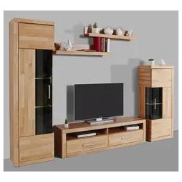Wohnwand OTTO HOME "Ribe Wohnwand Set-5 St.", beige (kernbuche teilmassiv), B:240cm H:180cm T:35cm, Holz teilmassiv, Kastenm&ouml;bel-Sets, Wohnwand, Glaseinsatz aus geh&auml;rtetem Glas,B&ouml;den teilweise versetzbar