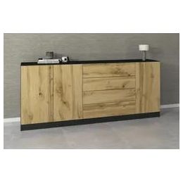 borchardt M&ouml;bel Sideboard BORCHARDT M&Ouml;BEL "Vaasa, Kommode mit 3 T&uuml;ren und 4 Schubk&auml;sten auf Kugelf&uuml;hrungen", schwarz (schwarz matt, eichefarben wotan), B:190cm H:79cm T:35cm, Sideboards, Sideboard, Breite 190 cm