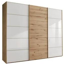 Schwebet&uuml;renschrank Wiemann "Cardiff", braun (bianco, eiche, nachbildung), B:246,3cm H:217cm T:67cm, Floatglas, Holzwerkstoff, Schr&auml;nke, Schwebet&uuml;renschrank, mit massiven Holzt&uuml;ren und Spiegel
