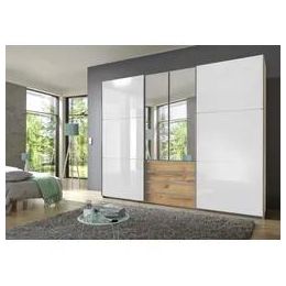 Schwebet&uuml;renschrank wimex "Magic by fresh to go", braun (plankeneichefarben, au&szlig;ent&uuml;ren wei&szlig;glas), B:300cm H:236cm T:65cm, Schr&auml;nke, Schwebet&uuml;renschrank