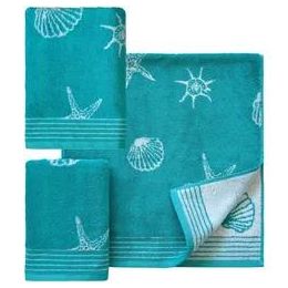 Handtuch Set Dyckhoff "Seashell", blau (t&uuml;rkis), 3 Stk., Walkfrottee, Walkfrottee, Obermaterial: 100% Baumwolle, Handtuch-Sets, mit Muschelmuster; 2 Handt&uuml;cher (50x100cm), 1 Duschtuch (70x140cm)