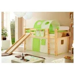 Hochbett Ticaa "Manuel", beige (kiefer massiv natur, beige, gr&uuml;n), B:217cm H:114cm L:205cm, Hochbetten, Hochbett, Rollrost und Textil-Set wahlweise mit Matratze, Kiefer massiv natur