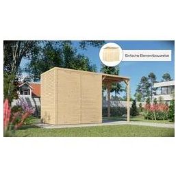 Gartenhaus KONIFERA "Beno 2 PLUS Fineline Flachdach", beige (naturbelassen), ohne Fu&szlig;boden, ohne R&uuml;ck- und Seitenwand, Massivholz, Gartenh&auml;user, Gartenhaus, mit Anbaudach