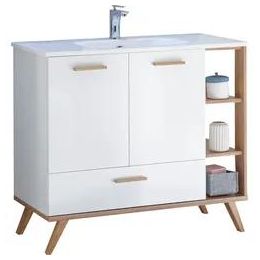 Waschtisch SAPHIR "Quickset Mineralmarmor-Waschtisch mit Unterschrank, 101 cm breit", wei&szlig; (wei&szlig; glanz, riviera eiche, wei&szlig; glanz, riviera eiche), B:101cm H:89,5cm T:46cm, Holzwerkstoff, Mineralguss, Waschtische, Waschtisch, Wachplatz, inkl. T&uuml;rd&auml;mpfer, 2 T&uuml;ren, 1 Schublade, seitliches Fach