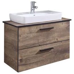 Badm&ouml;bel-Set SAPHIR "Quickset 374 Keramik-Aufsatzwaschtisch mit Unterschrank, 73 cm breit", braun (eiche ribbeck quer nachbildung), B:75cm H:54,6cm T:45cm, Holzwerkstoff, Kastenm&ouml;bel-Sets, Badm&ouml;bel-Set, Waschplatz mit 2 Schubladen, Eiche Ribbeck quer Nachbildung