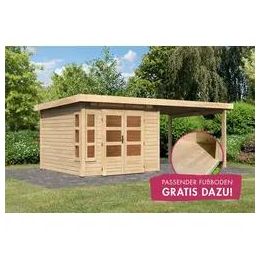 Gartenhaus Karibu "Kolimasee 6", beige (naturbelassen), Holzwerkstoff, Gartenh&auml;user, Gartenhaus, mit Anbaudach 3,2 m, naturbelassen