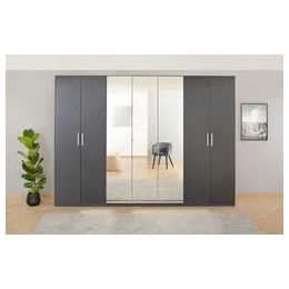 Dreht&uuml;renschrank Rauch "Kleiderschrank Schrank Garderobe Ankleide KOLUNA mit Dekor-Front", grau (graumetallic), B:315cm H:210cm T:54cm, Holzwerkstoff, Schr&auml;nke, Dreht&uuml;renschrank, mit Spiegel, inkl. 2 Innenschubladen sowie extra B&ouml;den MADE IN GERMANY