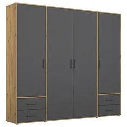 Dreht&uuml;renschrank Rauch "Kleiderschrank Schrank Garderobe W&auml;scheschrank VOYAGER", grau (eiche artisan, graumetallic, griffe graumetallic), B:187cm H:194cm T:53cm, Holzwerkstoff, Schr&auml;nke, Dreht&uuml;renschrank, mit 2 modernen Griffvarianten, mit Au&szlig;enschubladen MADE IN GERMANY
