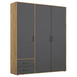 Dreht&uuml;renschrank Rauch "Kleiderschrank Schrank Garderobe W&auml;scheschrank VOYAGER", grau (eiche artisan, graumetallic, griffe graumetallic), B:140cm H:194cm T:53cm, Holzwerkstoff, Schr&auml;nke, Dreht&uuml;renschrank, mit 2 modernen Griffvarianten, mit Au&szlig;enschubladen MADE IN GERMANY