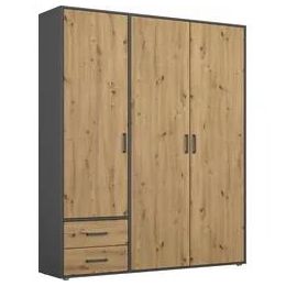 Dreht&uuml;renschrank Rauch "Kleiderschrank Schrank Garderobe W&auml;scheschrank VOYAGER", grau (graumetallic, eiche artisan, griffe graumetallic), B:140cm H:194cm T:53cm, Holzwerkstoff, Schr&auml;nke, Dreht&uuml;renschrank, mit 2 modernen Griffvarianten, mit Au&szlig;enschubladen MADE IN GERMANY