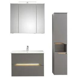 Badm&ouml;bel-Set SAPHIR "Quickset 3-teilig, Keramik-Waschtisch und LED-Spiegelschrank", grau (quarzgrau matt touch, quarzgrau matt, akzent riviera eiche quer nb), Kastenm&ouml;bel-Sets, Badm&ouml;bel-Set, mit Midischrank, 2 T&uuml;ren, 1 Nische, 2 Schubladen, inkl. T&uuml;rd&auml;mpfer