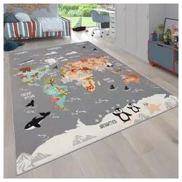 Kinderteppich Paco Home "Bino 581", grau, B:200cm H:4mm L:290cm, Polyester, Teppiche, Kinderteppich, Spielteppich, Motiv Weltkarte & Tiere, Kinderzimmer