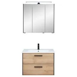 Badm&ouml;bel-Set SAPHIR "Quickset 395 2-teilig, Keramik-Waschtisch mit LED-Spiegelschrank", braun, Riviera Eiche quer Nachbildungmit schwarzem L-Profil vorne, Kastenm&ouml;bel-Sets, Badm&ouml;bel-Set, Waschplatz 75 cm breit, 3 T&uuml;ren, 2 Schubladen, Bad-Set