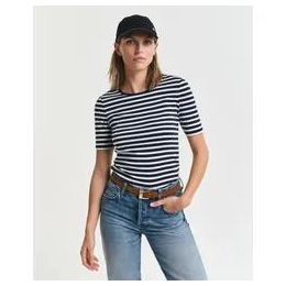 T-Shirt Gant "SLIM STRIPED 1X1 RIBBED KA T-SHIRT", Damen, Gr. L, blau (evening blau), Jersey, Obermaterial: 95% Baumwolle, 5% Elasthan, gestreift, slim fit h&uuml;ftlang, Rundhals, abgesteppt, Shirts T-Shirt, mit dezentem Logoschriftzug am &Auml;rmelabschluss