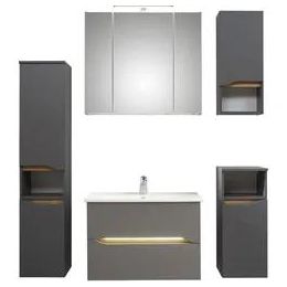 Badm&ouml;bel-Set SAPHIR "Quickset 5-teilig, Keramik-Waschtisch und LED-Spiegelschrank", grau (quarzgrau matt touch, quarzgrau matt, akzent riviera eiche quer nb), Kastenm&ouml;bel-Sets, Badm&ouml;bel-Set, Midischrank, Unterschrank, H&auml;ngeschrank, inkl. T&uuml;rd&auml;mpfer, 7 T&uuml;ren