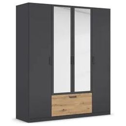 Dreht&uuml;renschrank Rauch "Kleiderschrank Schrank Garderobe W&auml;scheschrank BARI mit Spiegel", grau (graumetallic, eiche artisan), B:180cm H:210cm T:54cm, Holzwerkstoff, Schr&auml;nke, Dreht&uuml;renschrank, mit Schubasten mittig, moderner Griff in Graumetallic MADE IN GERMANY
