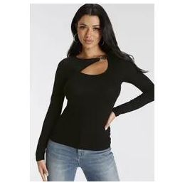 Langarmshirt Melrose, Damen, Gr. 36, schwarz, Jersey, Obermaterial: 95% Viskose, 5% Elasthan. Spitze: 95% Polyester, 5% Elasthan, unifarben, sehr figurbetont h&uuml;ftlang, Shirts Langarmshirt, Langarm, unifarben, mit Zierschnalle