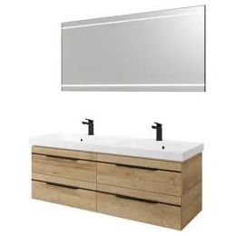 Badm&ouml;bel-Set SAPHIR "Balto 2-teilig Mineralmarmor-Doppelwaschtisch mit LED-Spiegel", braun (riviera eiche quer nachbildung mit schwarzer einlage), B:150cm H:200cm T:50,8cm, Holzwerkstoff, Kastenm&ouml;bel-Sets, Badm&ouml;bel-Set, Waschplatz 150 cm breit, 4 Schubladen, inkl. Schubladend&auml;mpfer