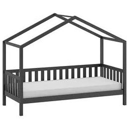 Hausbett Vipack "Dallas, mit Dachaufbau, Kiefer massiv, stabil gebaut", grau (anthrazit, anthrazit, anthrazit), B:97cm H:170cm L:210cm, Betten, wahlweise mit oder ohne Bettschublade