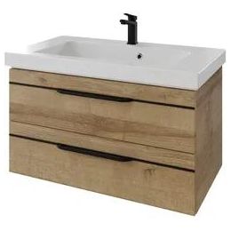 Waschtisch SAPHIR "Serie Balto Mineralmarmor-Waschtisch mit Unterschrank, 92 cm breit", braun (riviera eiche quer nachbildung, schwarzer einlage, riviera eiche quer nachbildung), B:92cm H:55,6cm T:50,8cm, Waschtische, Waschtisch, Waschplatz mit 2 Schubladen, Badschrank in verschiedenen Ausf&uuml;hrungen