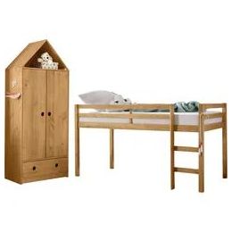 Jugendzimmer-Set OTTO HOME "Alpi", beige (gebeizt, gewachst), Schlafzimmerm&ouml;bel-Sets, Hochbett und Kleiderschrank in Hausoptik, perfekt f&uuml;r kleine R&auml;ume