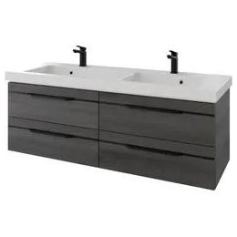 Waschtisch SAPHIR "Serie Balto Mineralmarmor-Waschtisch mit Unterschrank, 147,8 cm breit", grau (graphit struktur quer nachbildung, graphit struktur quer nachbildung), B:147,8cm H:55,6cm T:50,8cm, Waschtische, Waschtisch, Doppel-Waschplatz mit 4 Schubladen, in verschiedene Ausf&uuml;hrungen