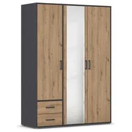 Dreht&uuml;renschrank Rauch "Kleiderschrank Schrank Garderobe W&auml;scheschrank VOYAGER", grau (graumetallic, eiche artisan), B:140cm H:194cm T:53cm, Holzwerkstoff, Schr&auml;nke, Dreht&uuml;renschrank, mit modernen Griffen in Graumetallic, inkl. Schubk&auml;sten und Spiegel