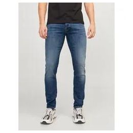 Jack & Jones Slim-fit-Jeans JACK & JONES "JJIGLENN &ndash; Jeans mit Stretch, niedriger Leibh&ouml;he und Taschen", Herren, Gr. 34, L&auml;nge 30, blau (blau denim), Denim/Jeans, Obermaterial: 80% Baumwolle, 18% Polyester, 2% Elasthan, Abriebeffekte, slim fit kn&ouml;chellang, Jeans Slim-fit-Jeans, Baumwollmischung, slim fit