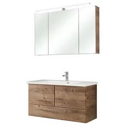 Badm&ouml;bel-Set SAPHIR "Quickset 943 2-teilig, Mineralmarmor-Waschtisch und LED-Spiegelschrank", braun (eiche ribbeck quer nachbildung), B:105cm T:45cm, Holzwerkstoff, MDF, Kastenm&ouml;bel-Sets, Badm&ouml;bel-Set, inkl. T&uuml;rd&auml;mpfer, Badezimmer Set mit 5 T&uuml;ren und 1 Schublade